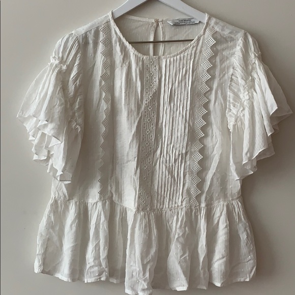 Zara | Tops | Zara White Ruffle Eyelid Lace Polka Dot Blouse | Poshmark
